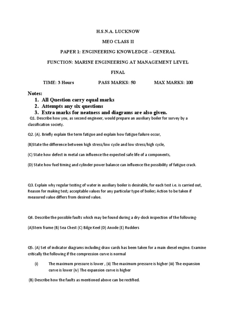 Marine Engineering Exam Paper 1 | PDF | Fatigue (Material) | Marine ...