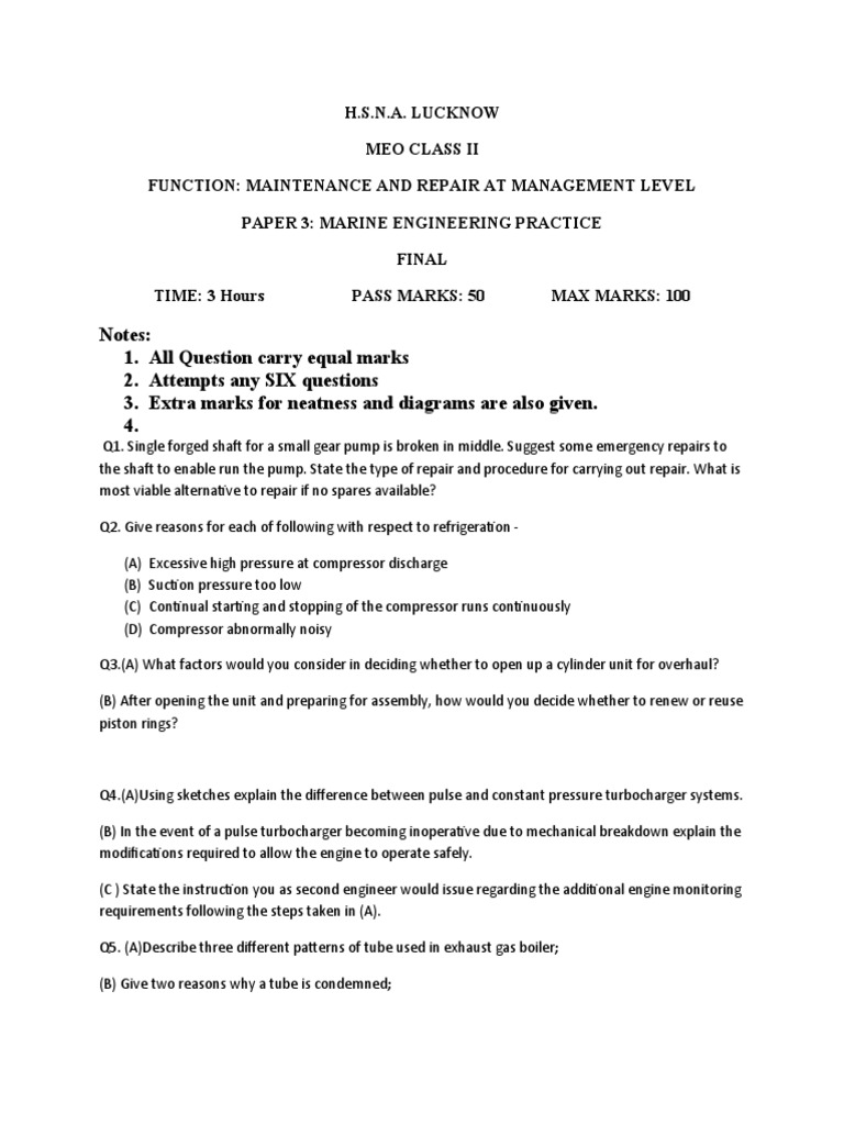 Paper 3 Marine Engineering Practice | PDF | Pump | Turbocharger