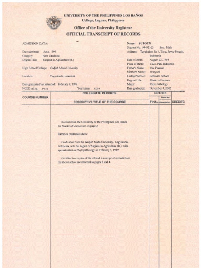 University R Istrar Official OF: Office The Transcript Records | PDF ...