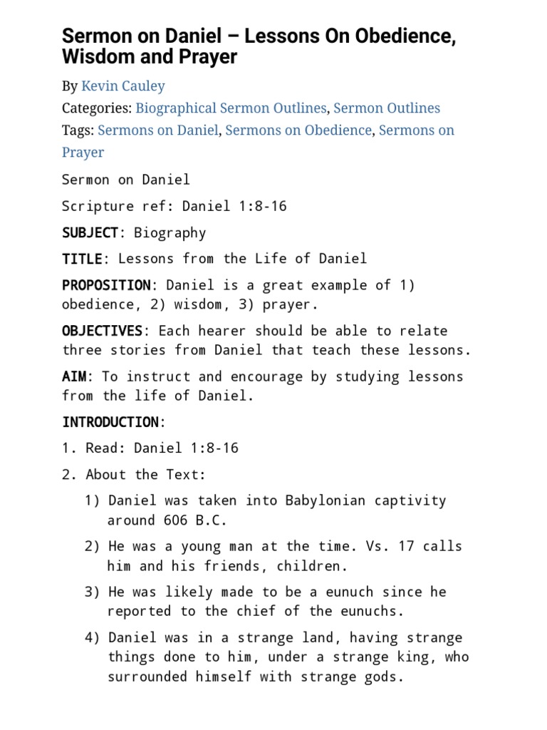 Sermon On Daniel - Lessons From The Inspiring Life of Daniel | PDF ...