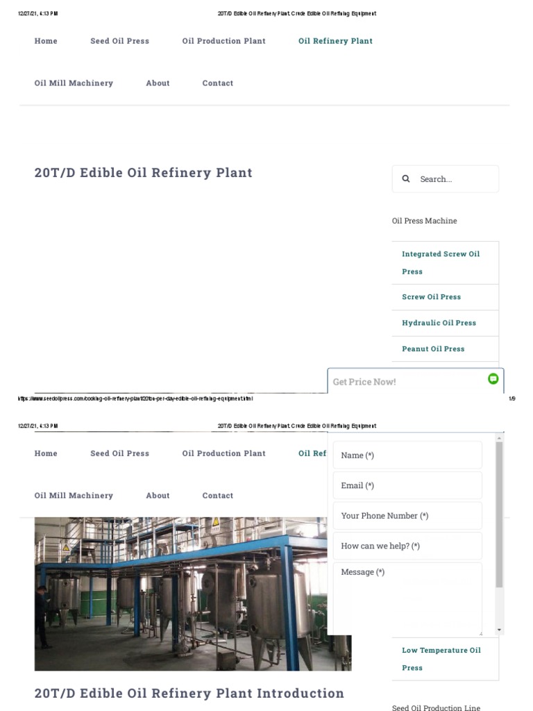 20T - D Edible Oil Refinery Plant. Crude Edible Oil Refining Equipment ...