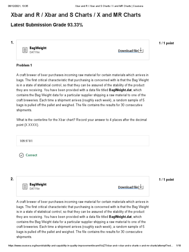 Xbar and R - Xbar and S Charts - X and MR Charts - Coursera (OK) | PDF ...