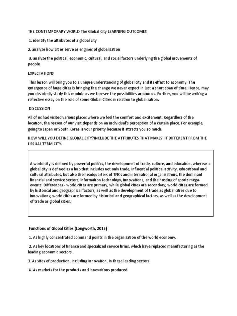 The Contemporary World The Global City Learning Outcomes | PDF | Economies