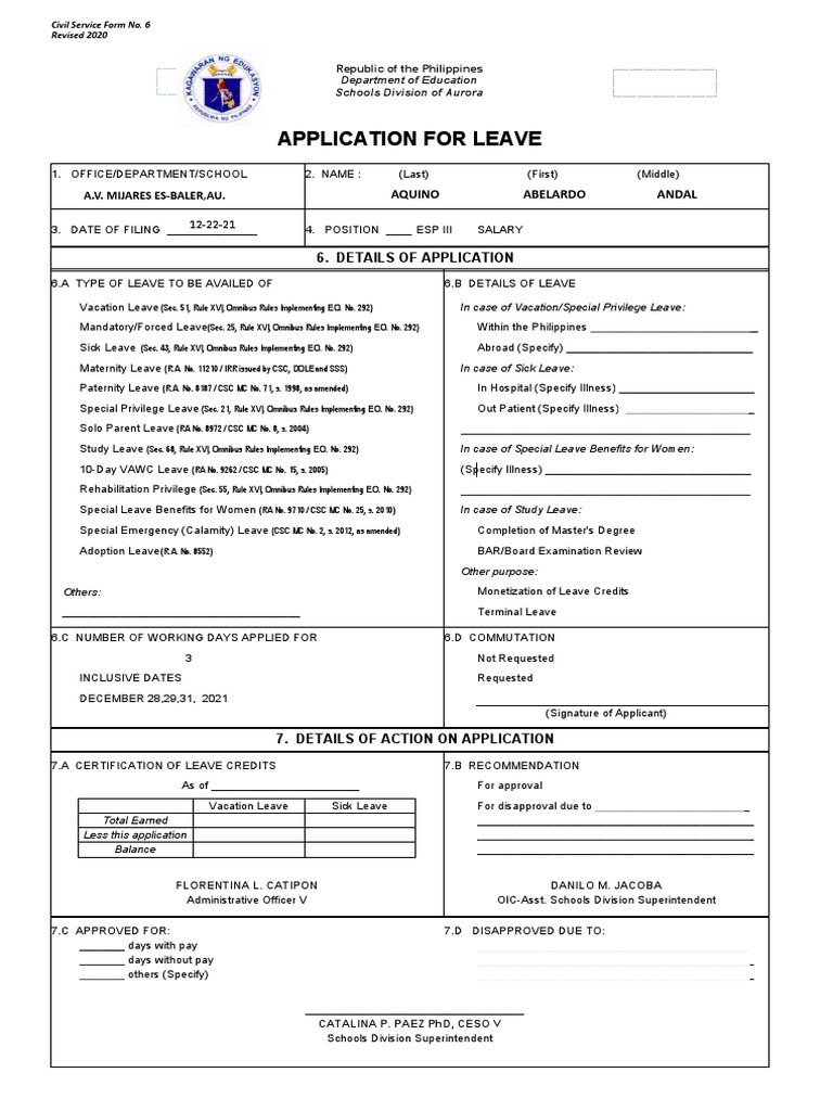 FORM 6 Revised 2022 School | PDF | Sick Leave | Social Institutions