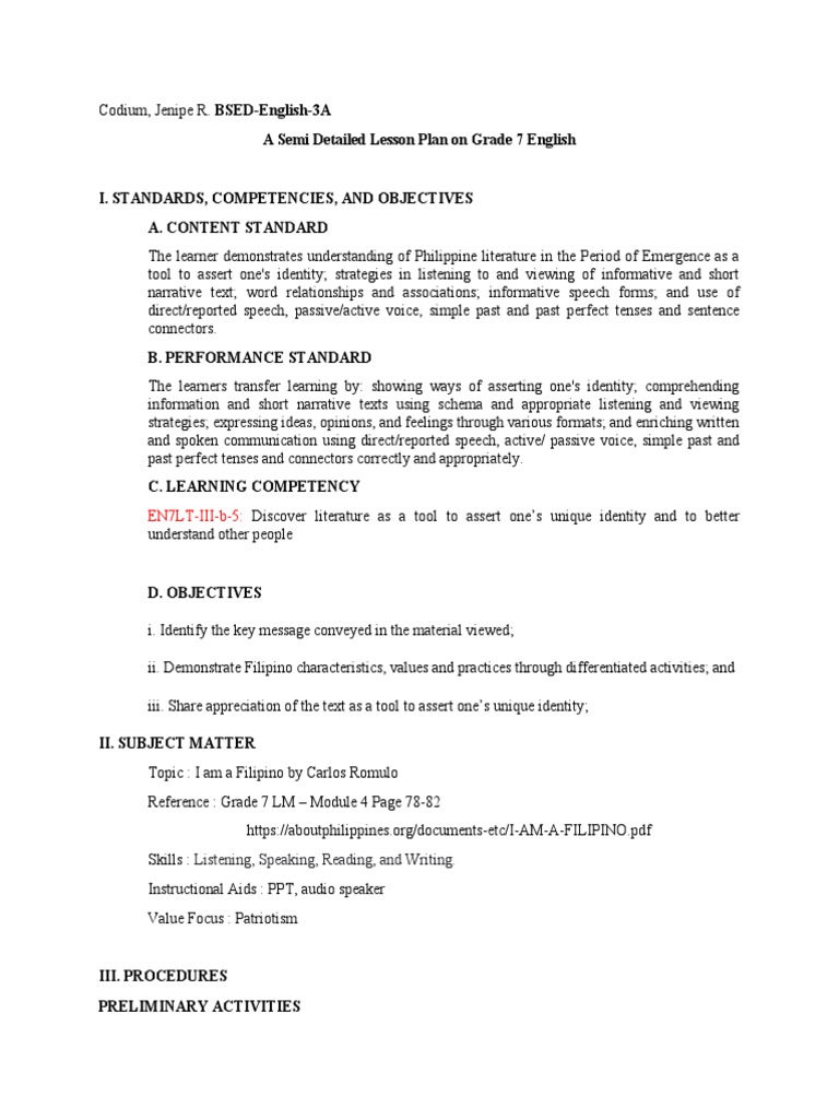 Assert Identity Through Filipino Literature | PDF | Learning | Lesson Plan