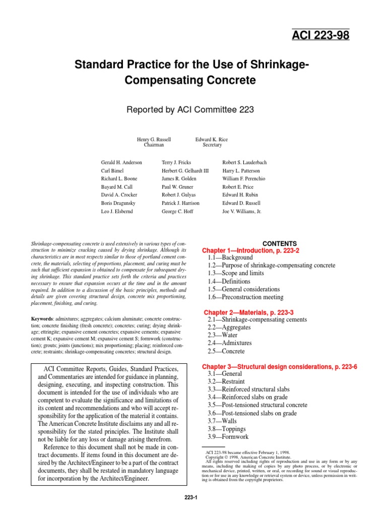 ACI 223-98 - Standard Practice For The Use of Shrinkage-Compensating ...