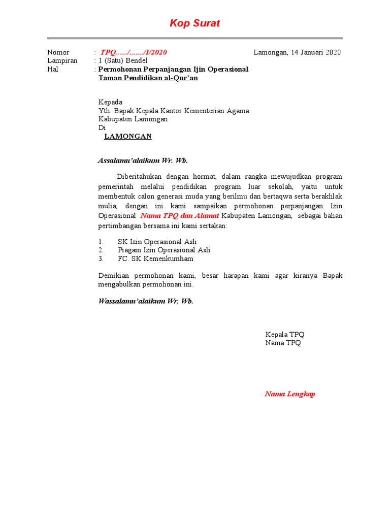 Contoh Surat Permohonan Perpanjangan TPQ 2020 | PDF