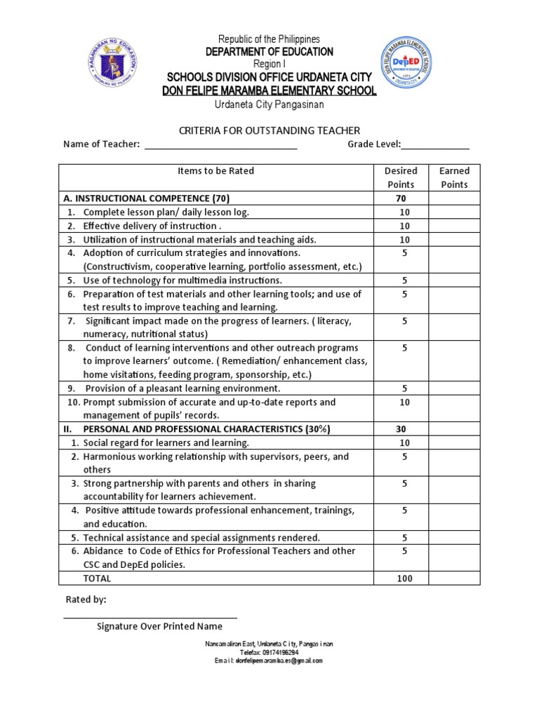 Criteria For Outstanding Teacher | PDF | Teachers | Learning