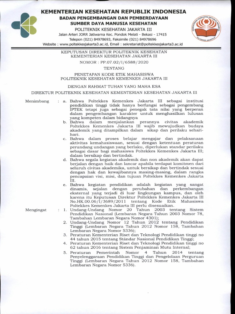 SK Kode Etik Mahasiswa - 2020 | PDF