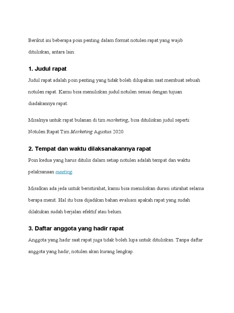 Format Notulen Rapat Resmi dan Contoh | PDF