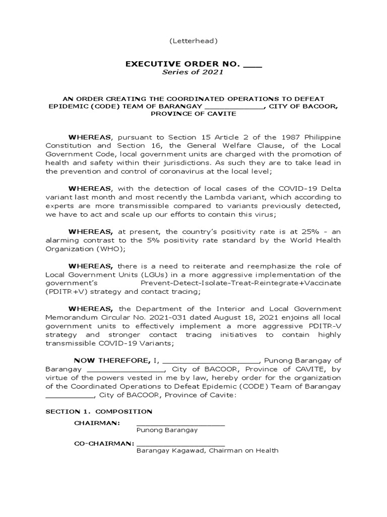 Barangay CODE Team Executive Order | PDF | Pandemic | Health Sciences