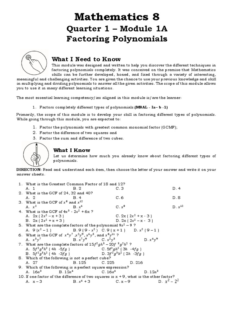 Math8 Quarter1 Module 1a | PDF | Factorization | Algebra Math8 Quarter1 Module 1a | PDF | Factorization | Algebra