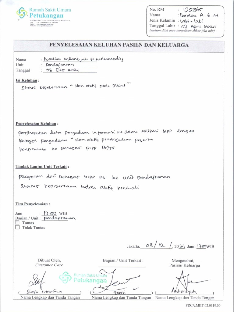 Form Penyelesaian Keluhan Pasien | PDF