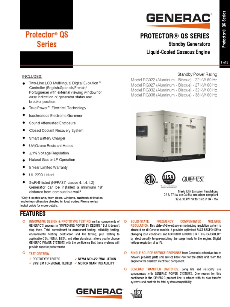 Generac 32kW Protector QS | PDF | Electric Motor | Electric Generator