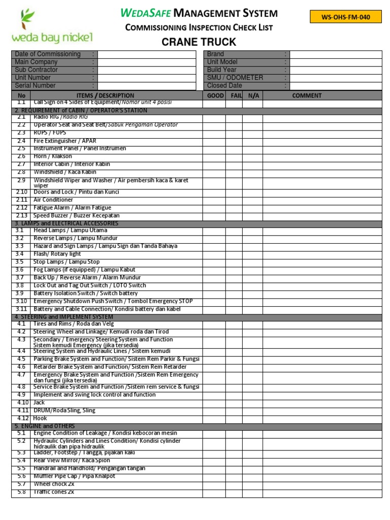 Commissioning Form - Crane Truck | PDF | Transport | Automotive Industry