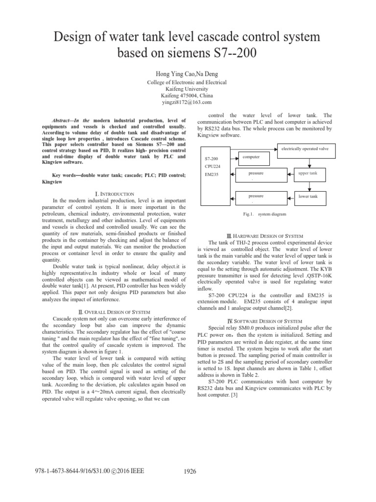 Design of Water Tank Level Cascade Control System Based On Siemens S7 ...