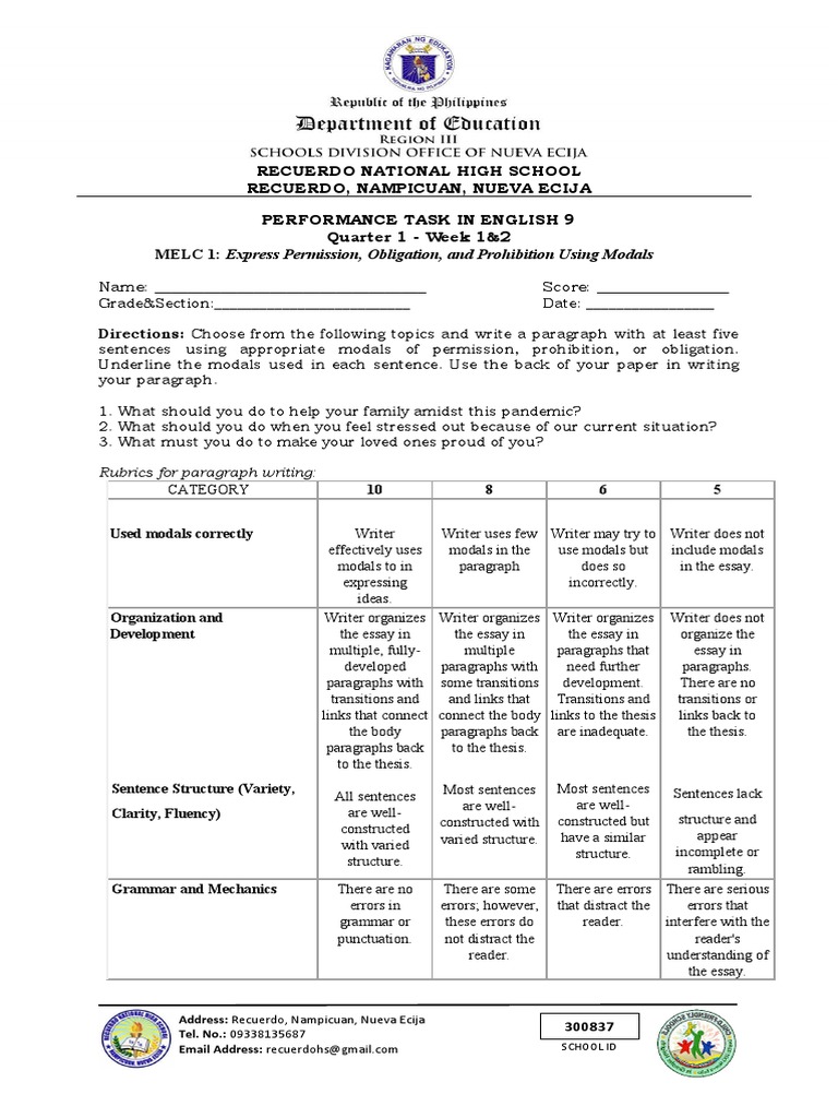 Performance Task - English 9 - Quarter 1 - Week 1&2 - MELC 1 Express ...