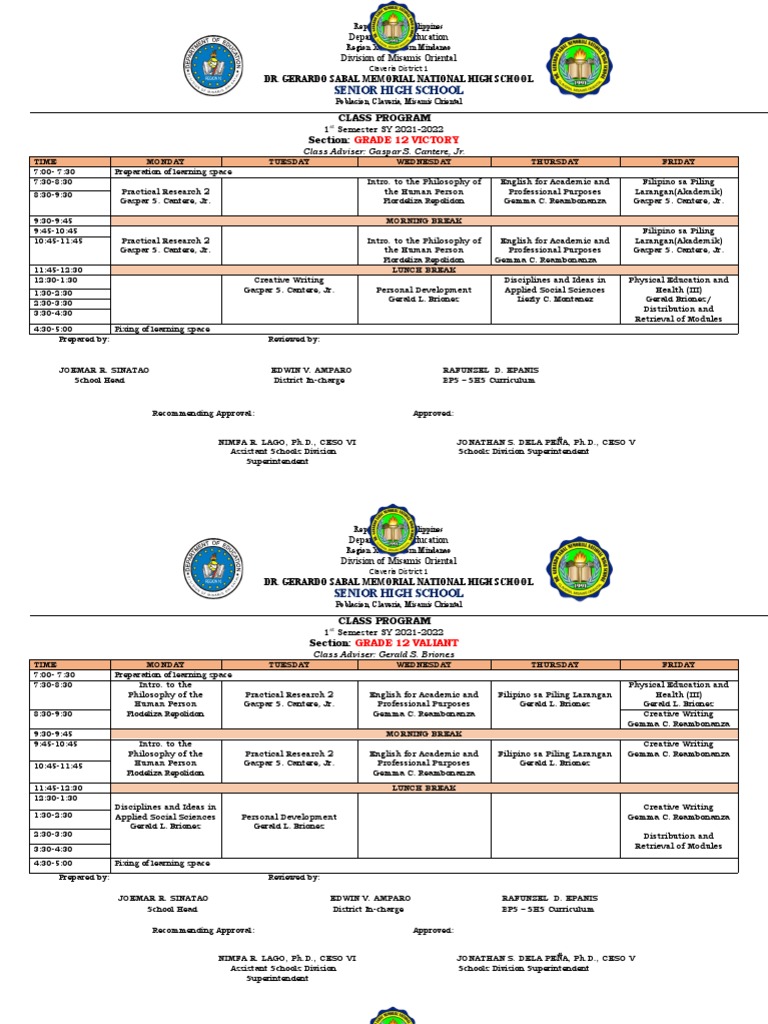 Senior High School: Class Program Section | PDF | Academic Term | Academia