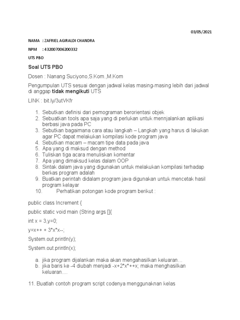 UTS PBO: Soal dan Jawaban Java | PDF | Komputer