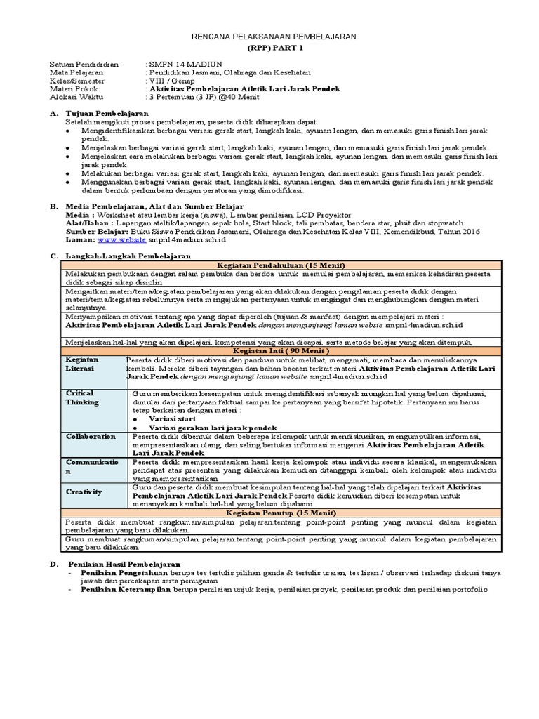 RPP 1 Lembar Pjok Kelas 8 k13 Lari Pendek | PDF