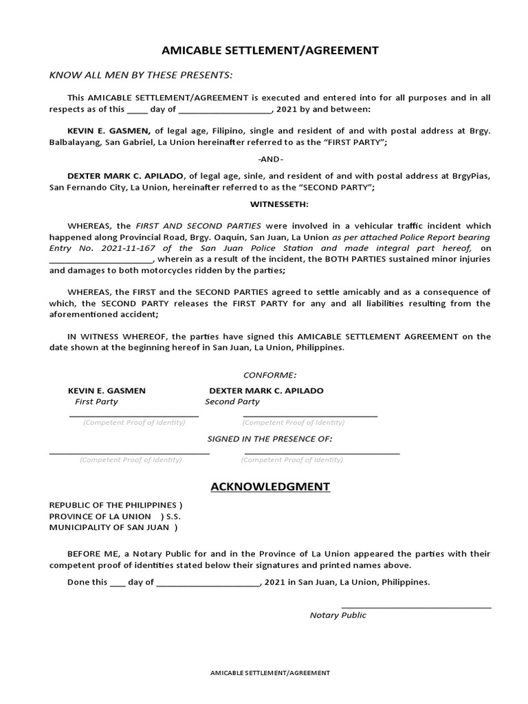 Amicable Settlement in Vehicular Accident Dexter Mark Apilado | PDF ...