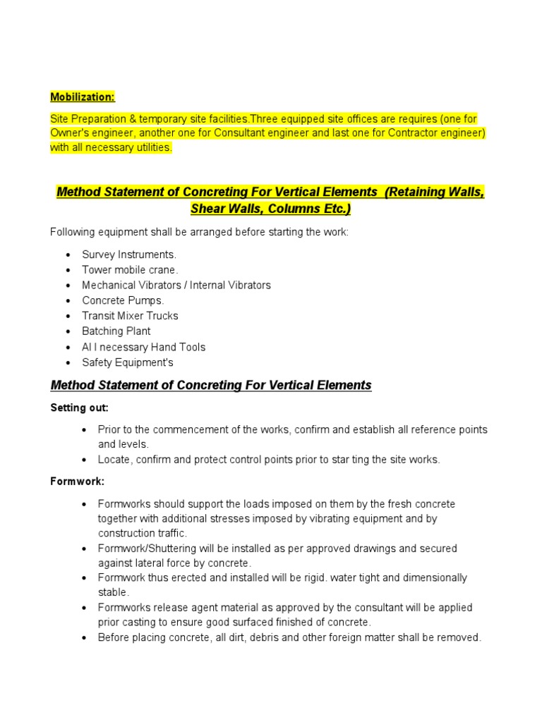 Method Statement for Formwork, Reinforcement bars and Ready Mix ...