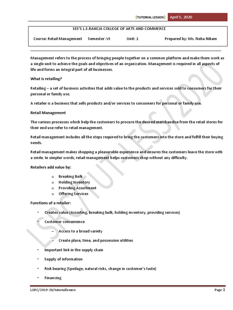 Tybms Sem Vi Retail Management Tybms Marketing Unit I Pdf Retail