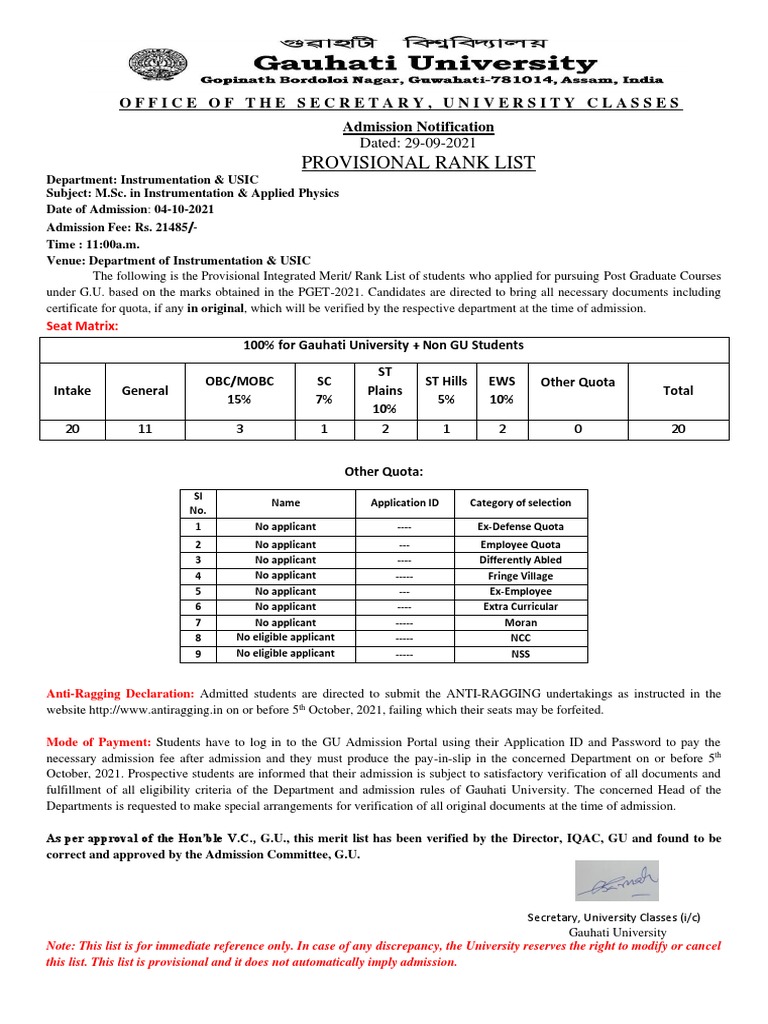 Provisional Rank List: Office of The Secretary, University Classes ...