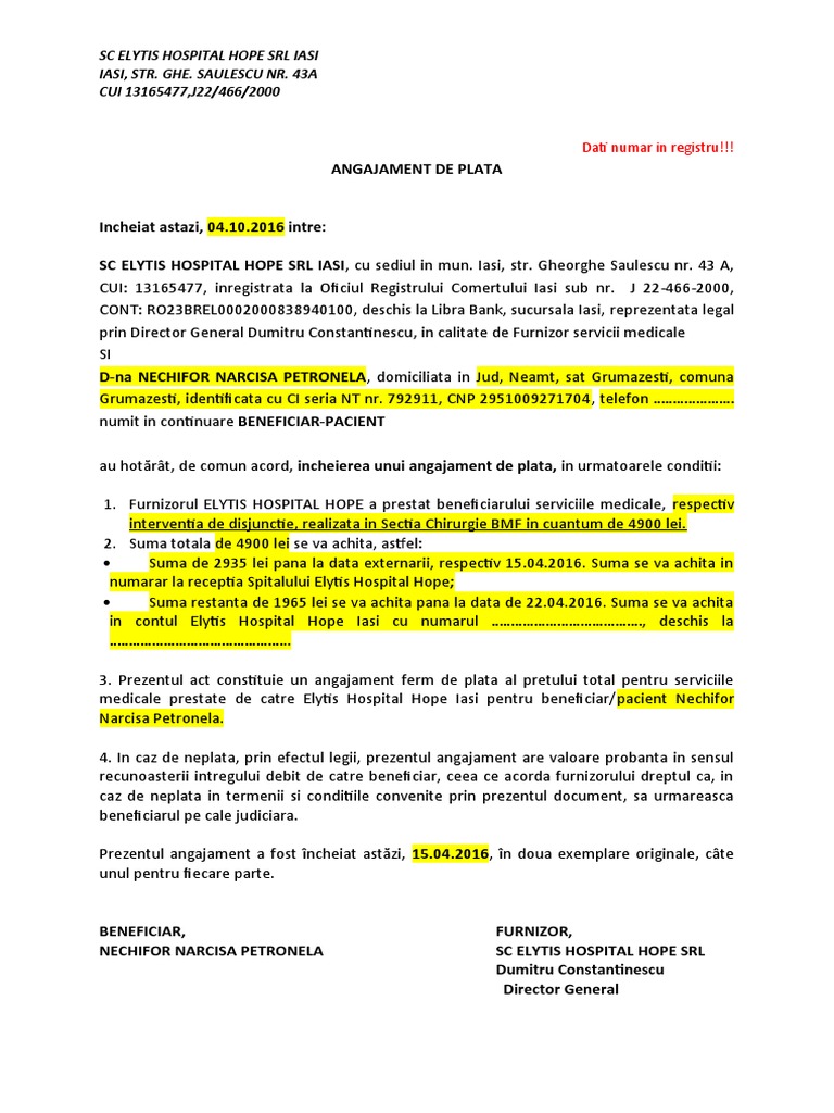 Angajament de Plata - Conventie | PDF