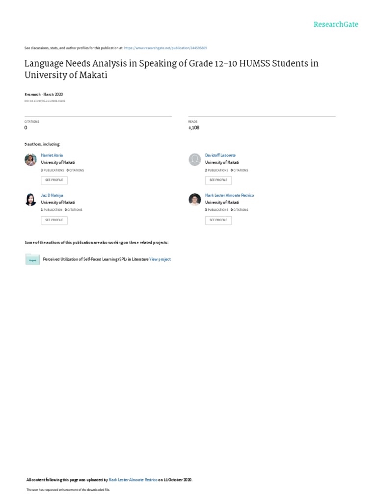 Language Needs Analysis in Speaking of Grade 12-10 HUMSS Students in ...