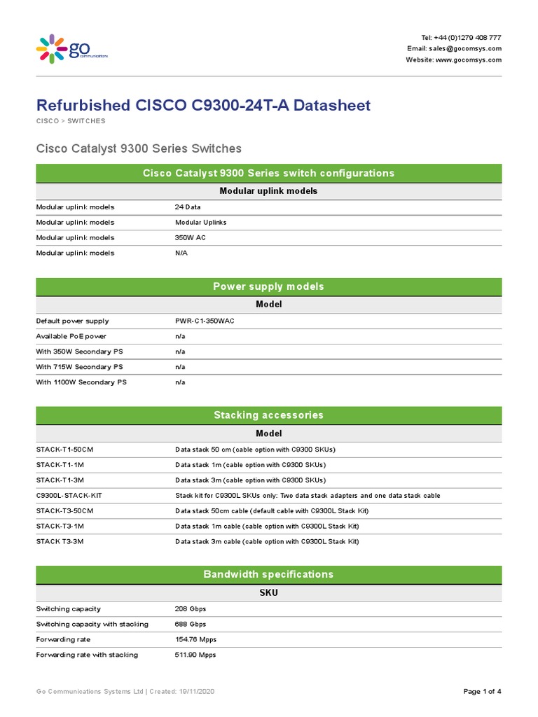 Cisco C9300-24t-A Datasheet | PDF | Power Supply | Physical Layer Protocols