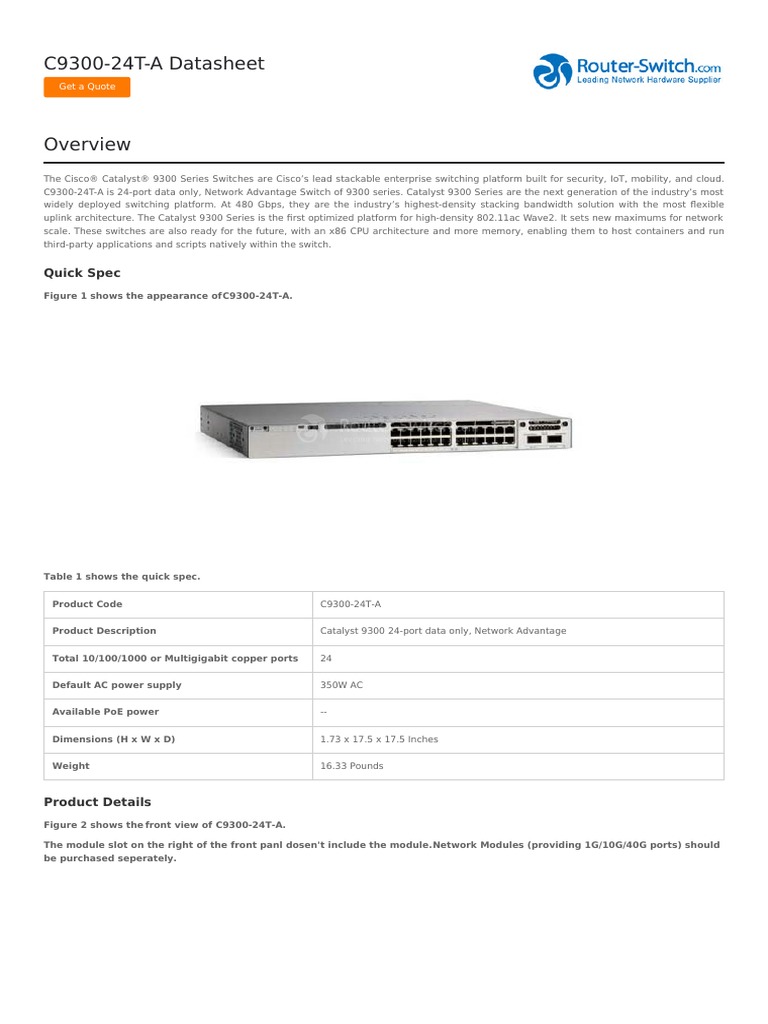 C9300-24T-A Datasheet: Quick Spec | PDF | Network Switch | Computer ...