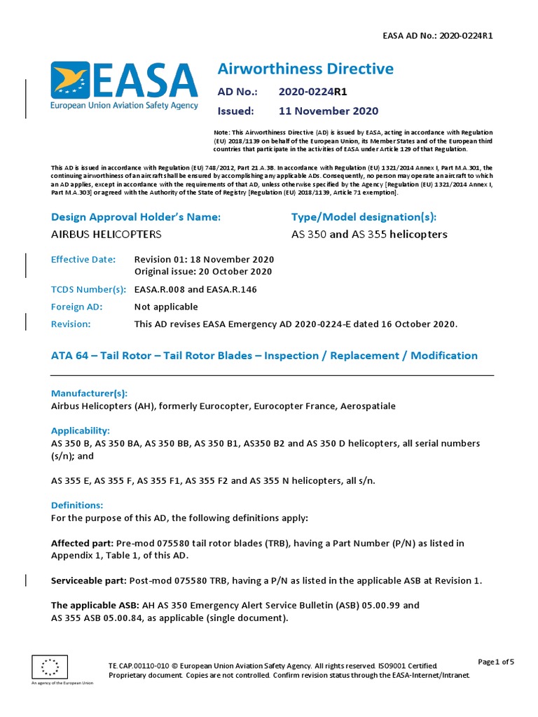 Airworthiness Directive: Design Approval Holder's Name: Type/Model ...
