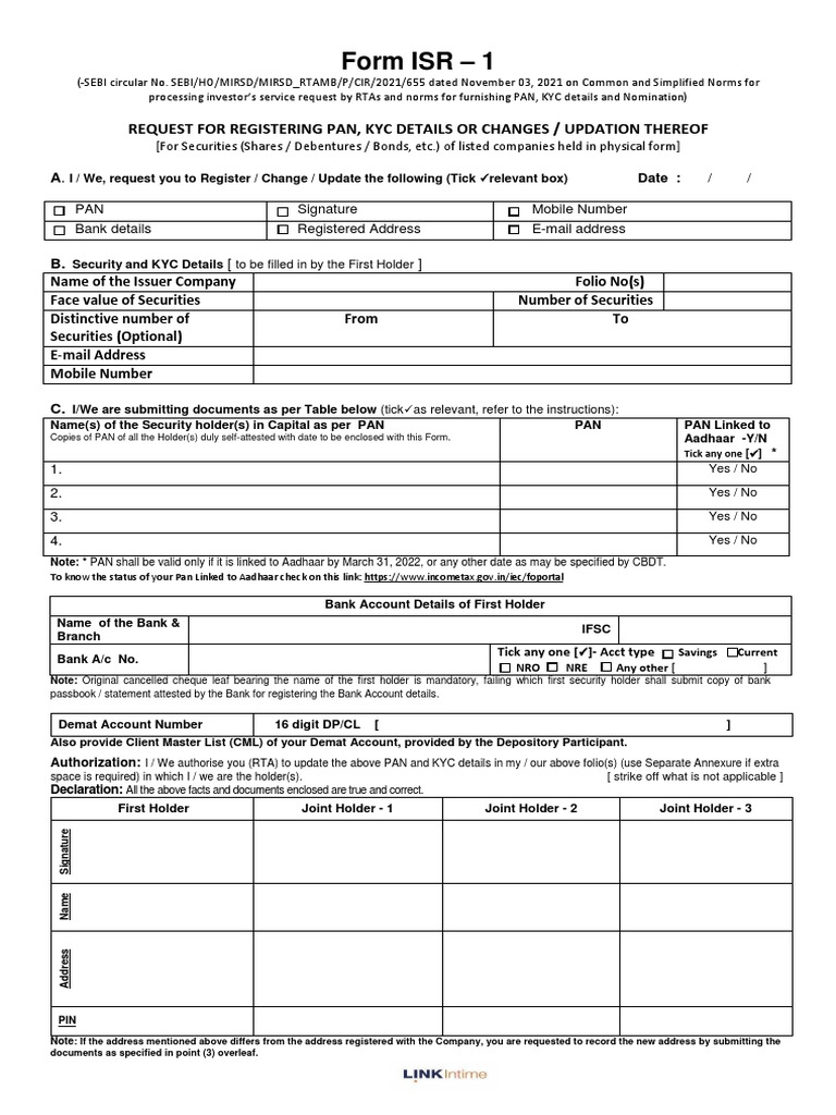ISR-1 Form for KYC and PAN Updates | PDF | Securities (Finance ...