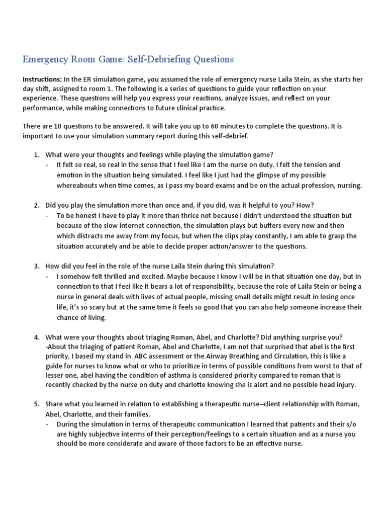 Emergency Room Game: Self-Debriefing Questions | PDF | Simulation | Feeling