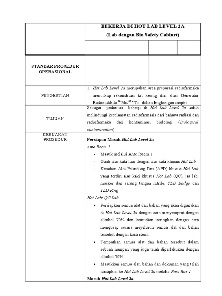 SPO Bekerja Di Hot Lab Level 2A (Lab Dengan Bio Safety Cabinet) | PDF ...