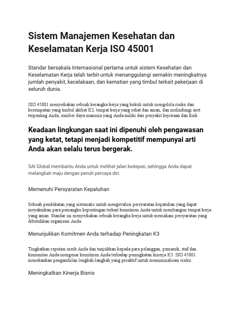 Sistem Manajemen Kesehatan Dan Keselamatan Kerja ISO 45001 | PDF