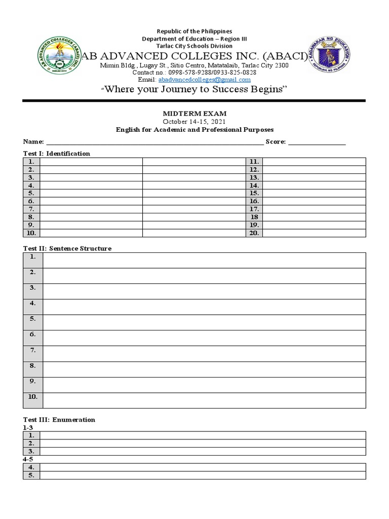 Midterm Exam - English For Academic and Professional Purposes Answer ...