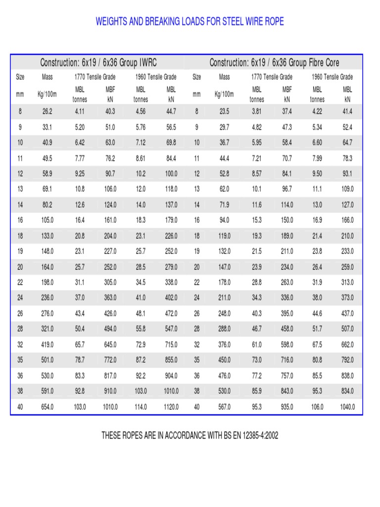 Breaking Loads and Mass Properties of Steel Wire Rope with Various ...