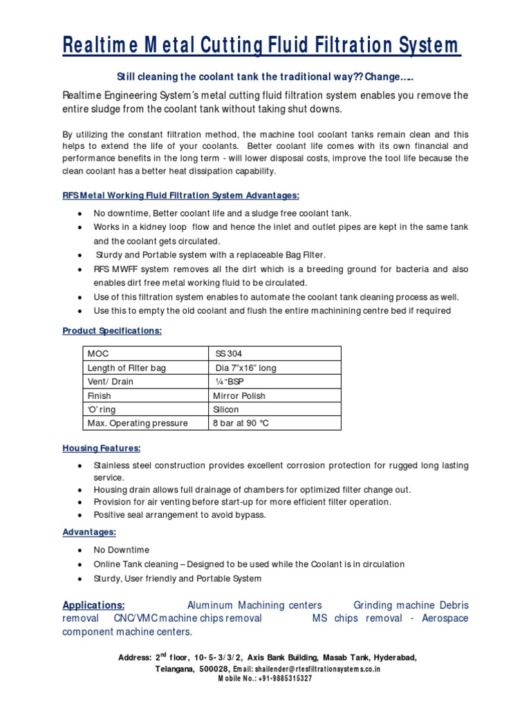 RFS MWF Filtration system-PDS Print | PDF | Coolant | Filtration