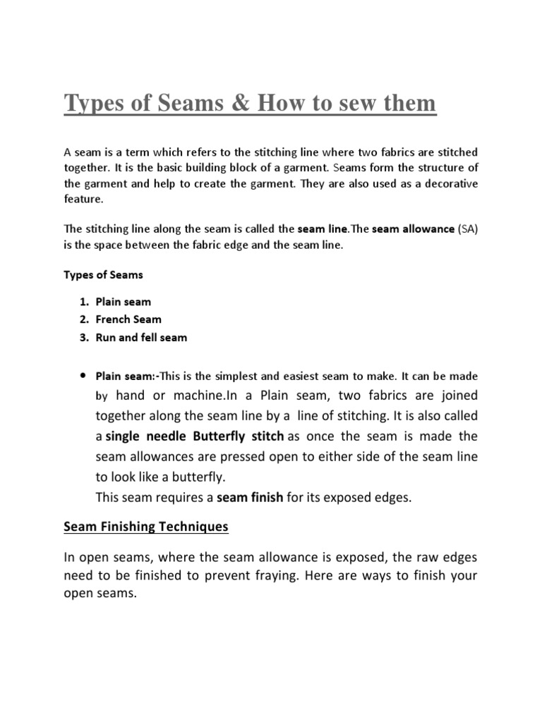 Types of Seams in Clothing Construction | PDF