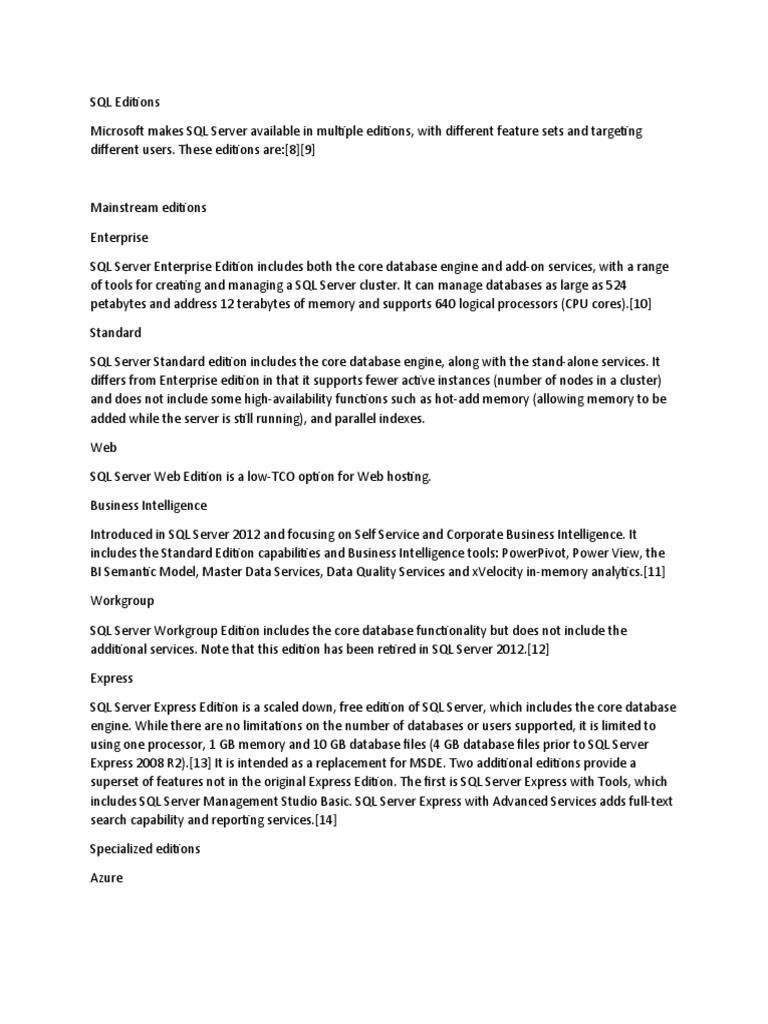 SQL Editions | PDF | Microsoft Sql Server | Databases