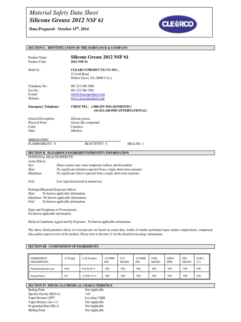 Silicone Grease 2012: Material Safety Data Sheet | PDF | Dangerous ...
