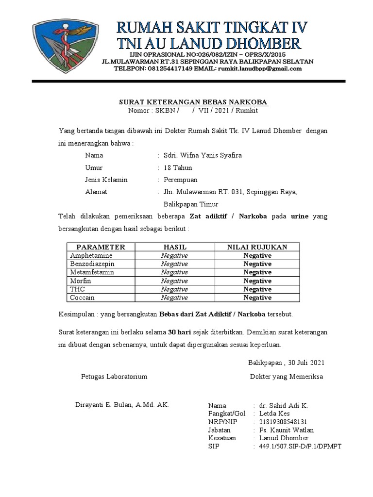 Surat Keterangan Bebas Narkoba | PDF
