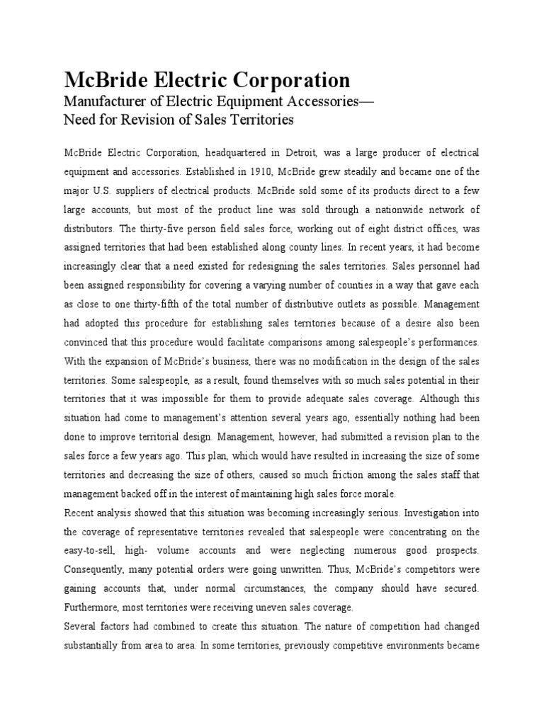 McBride Electric Corporation Case Study | PDF | Sales | Competition