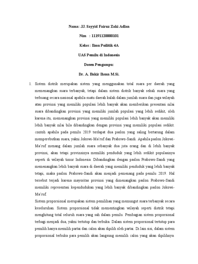 JJ. Sayyid Fairuz Zaki Adlan - Ilmu Politik 4A - UAS Pemilu Di Indonesia | PDF