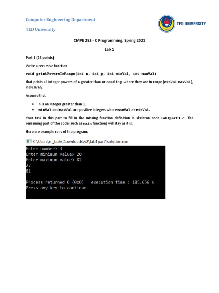Computer Engineering Department TED University: CMPE 252 - C Programming, Spring 2021 Lab 1 | PDF