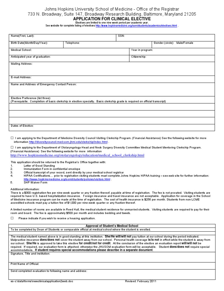 Application For Johns Hopkins Clinical Elective | Download Free PDF | Medical School | Medicine