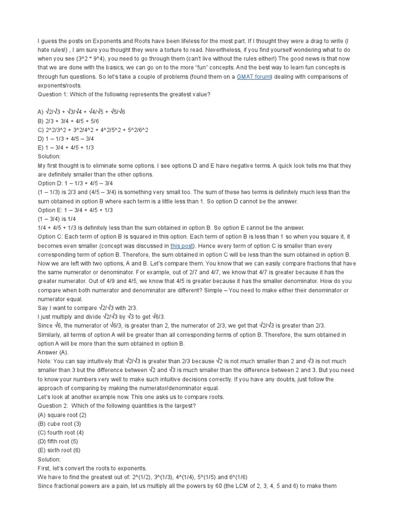 Roots and Exponents | PDF | Odds | Elementary Mathematics