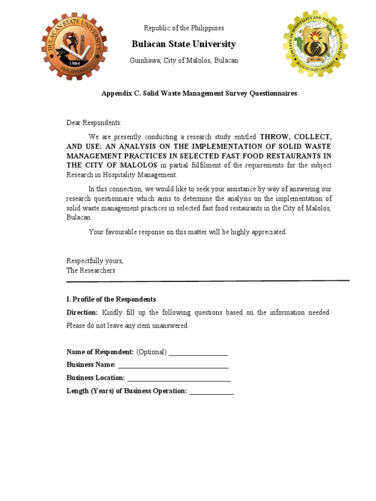 BSHM3H Grp6 Solid Waste Management Questionnaire | PDF | Waste ...